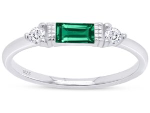 affy baguette cut simulated emerald and white cubic zirconia in 14k white gold plated 925 sterling silver three stone design bridal engagement wedding ring jewelry for women size -7