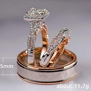 SCHZBSP 18K rose gold plated color separation sparkling diamond engagement wedding ring set princess cut cubic zirconia ring luxury women's three-piece ring (7)