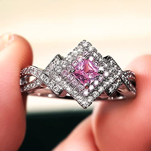 SCHZBSP 18K White Gold Plated Cross-Wound Pink Crystal Diamond Ring Pavé Exquisite Cubic Zirconia Ring Fashion Lady CZ Diamond Engagement Wedding Ring Jewelry Gift (10)