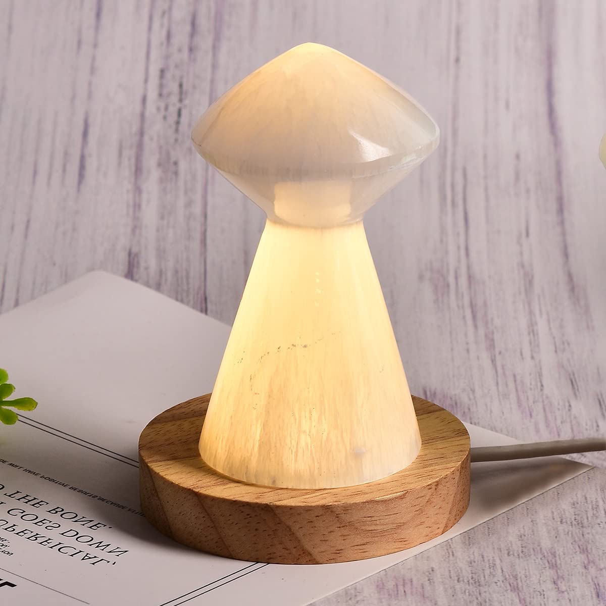 JIC Gem USB Selenite Lamp Hexagonal Crystal Points Selenite Tower Lamp Morocco Skyscraper 4 Inch with Wooden Light Stand Base