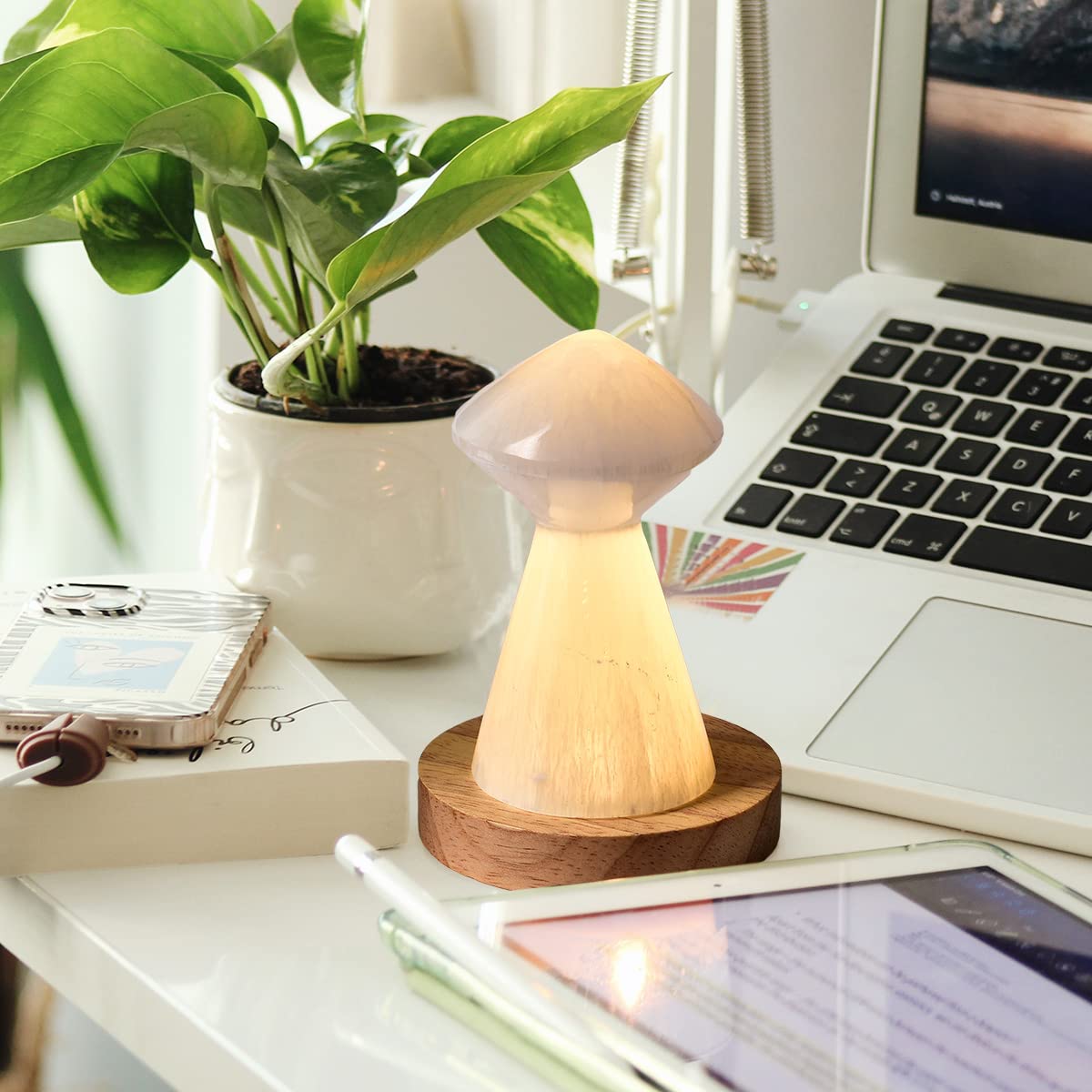 JIC Gem USB Selenite Lamp Hexagonal Crystal Points Selenite Tower Lamp Morocco Skyscraper 4 Inch with Wooden Light Stand Base