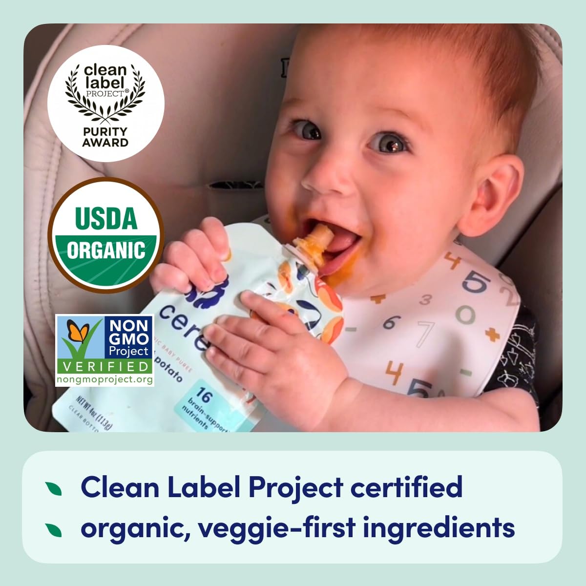 Cerebelly Baby Food Pouches – Organic Sweet Potato Mango (4 oz, Pack of 6) - Toddler Snacks - 16 Brain-Supporting Nutrients - Healthy Snacks, Made with Gluten-Free Ingredients, Non-GMO, No Added Sugar