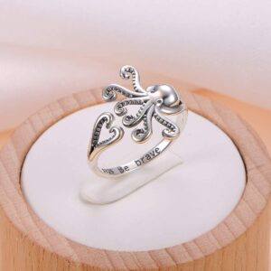 Sea Jewelry S925 Sterling Silver Octopus Ring New Pirate Octopus Tentacles Black Opening Ring Cute Sea Animal Ring for Women,Oxidized ring 10