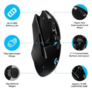 Logitech G903 LIGHTSPEED Wireless Gaming Mouse W/ Hero 25K Sensor, PowerPlay Compatible, 140+ Hour Battery Life and Lightsync RGB, Ambidextrous, 107G+10G optional, 25,600 DPI, Black (Renewed)