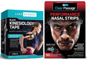 care science waterproof kinesiology tape, 40 ct, precut strips (2 rolls), black + clear passage performance nasal strips for athletes, black, 50 count bundle