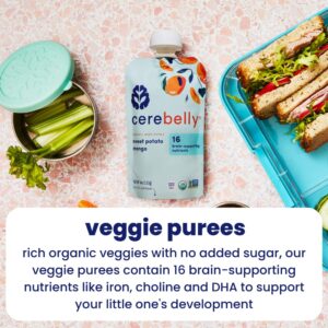 Cerebelly Baby Food Pouches – Organic Sweet Potato Mango (4 oz, Pack of 6) - Toddler Snacks - 16 Brain-Supporting Nutrients - Healthy Snacks, Made with Gluten-Free Ingredients, Non-GMO, No Added Sugar