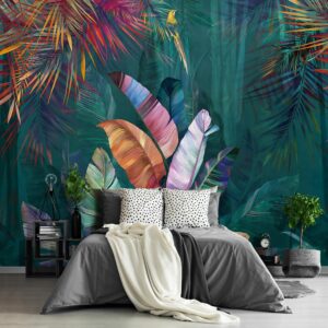 fightal - tropical botanical banana leaf wallpaper green plant floral large wall mural for living room bedroom (papel tapiz para pared de habitacion) 151"x105" (not peel and stick)