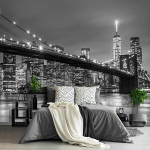 fightal - grey new york mural wallpaper brooklyn bridge wall paper wall mural city scape large wallpaper for living room bedroom 151"x105"（it's it's not peel and stick.）