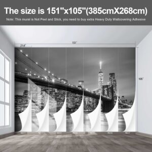 Fightal - Grey New York Mural Wallpaper Brooklyn Bridge Wall Paper Wall Mural City Scape Large Wallpaper for Living Room Bedroom 151"x105"（It's It's not Peel and Stick.）