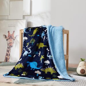 marina decoration reversible rich printed woven fluffy plush soft warm flannel fleece sherpa kids children blanket, 30 x 40 inch green blue color dinosaur zoo with navy blue base pattern