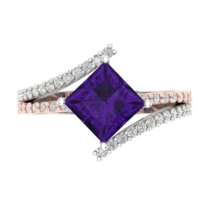 clara pucci 2.45ct princess cut laser engraving split shank amethyst engagement wedding solitaire w/accent ring 18k 2 tone gold 3.5