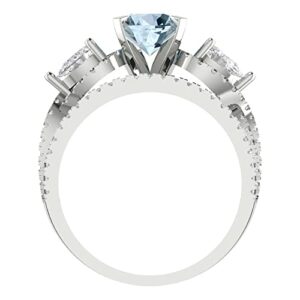 Clara Pucci 2.1ct Round Pear Cut Laser Engraving 3 stone Natural Aquamarine Designer Statement Ring Band Set 18K White Gold Size 8.75