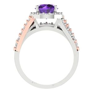 Clara Pucci 2ct Round Cut Laser Engraving Halo Split Shank Natural Amethyst Designer Statement Ring Band Set 18K 2 tone Gold Size 10.75