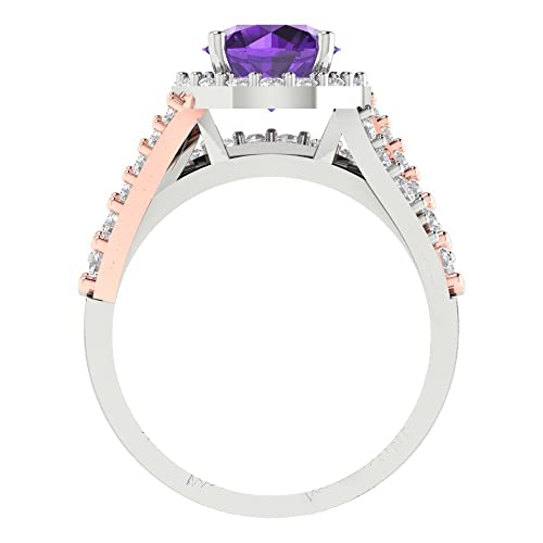 Clara Pucci 2ct Round Cut Laser Engraving Halo Split Shank Natural Amethyst Designer Statement Ring Band Set 18K 2 tone Gold Size 10.75