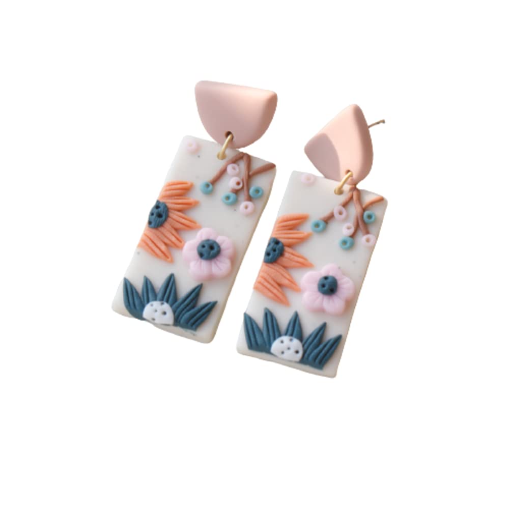 Colorful Ceramic Clay Dangle Earrings Boho Lightweight Colorful Flower Earrings Handmade Ceramic Clay Cute Lovely Pendant Geometric Drop Earrings Summer Jewelry for Women-Style A