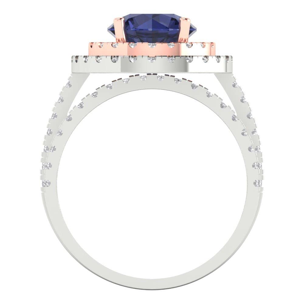 Clara Pucci 3.05ct Round Cut Laser Engraving Halo Pave Halo Blue Sapphire Designer Statement Ring Band Set 18K White Rose Gold Size 8.5