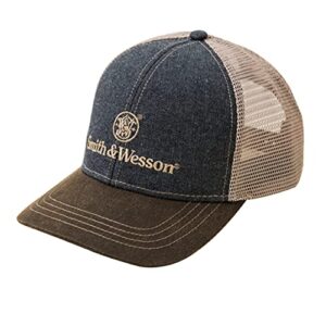 men's adjustable two-toned green & denim trucker baseball hat with smith & wesson emblem logo, contrast stitching, and off-white mesh- offically licensed