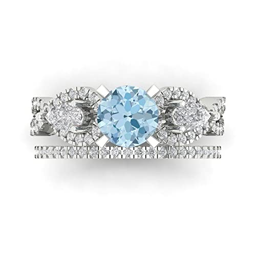 Clara Pucci 2.1ct Round Pear Cut Laser Engraving 3 stone Natural Aquamarine Designer Statement Ring Band Set 18K White Gold Size 8.75