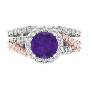 clara pucci 2ct round cut laser engraving halo split shank natural amethyst designer statement ring band set 18k 2 tone gold size 10.75