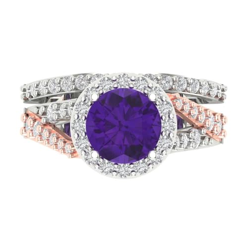 Clara Pucci 2ct Round Cut Laser Engraving Halo Split Shank Natural Amethyst Designer Statement Ring Band Set 18K 2 tone Gold Size 10.75