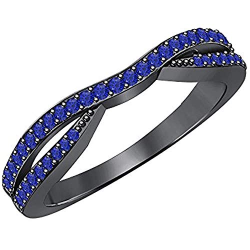 Indi Gold & Diamond Jewelry Created Round Cut Blue Sapphire Gemstone 925 Sterling Silver 14K Black Gold Finish Diamond Contour Wedding Guard Band Ring for Women's