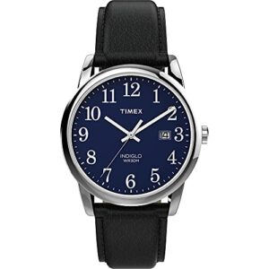 timex men's easy reader 38mm watch – silver-tone case blue dial with black leather strap