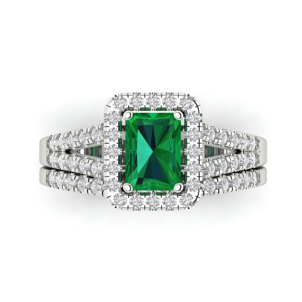 Clara Pucci 1.7ct Emerald Round Cut Laser Engraving Halo Split Shank Emerald Designer Statement Ring Band Set 18K White Gold Size 10.5