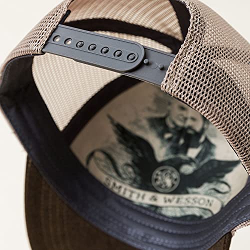 Men's Adjustable Two-Toned Green & Denim Trucker Baseball Hat with Smith & Wesson Emblem Logo, Contrast Stitching, and Off-White Mesh- Offically Licensed