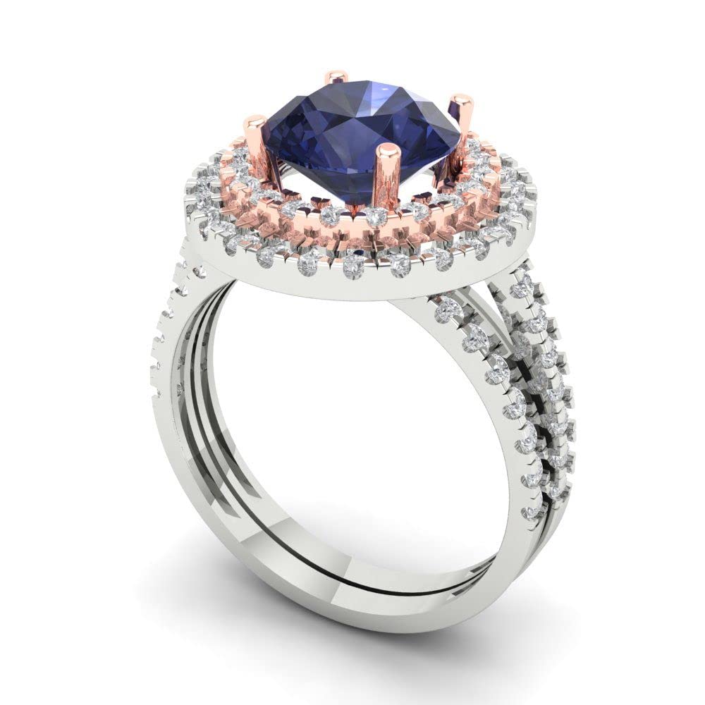 Clara Pucci 3.05ct Round Cut Laser Engraving Halo Pave Halo Blue Sapphire Designer Statement Ring Band Set 18K White Rose Gold Size 8.5