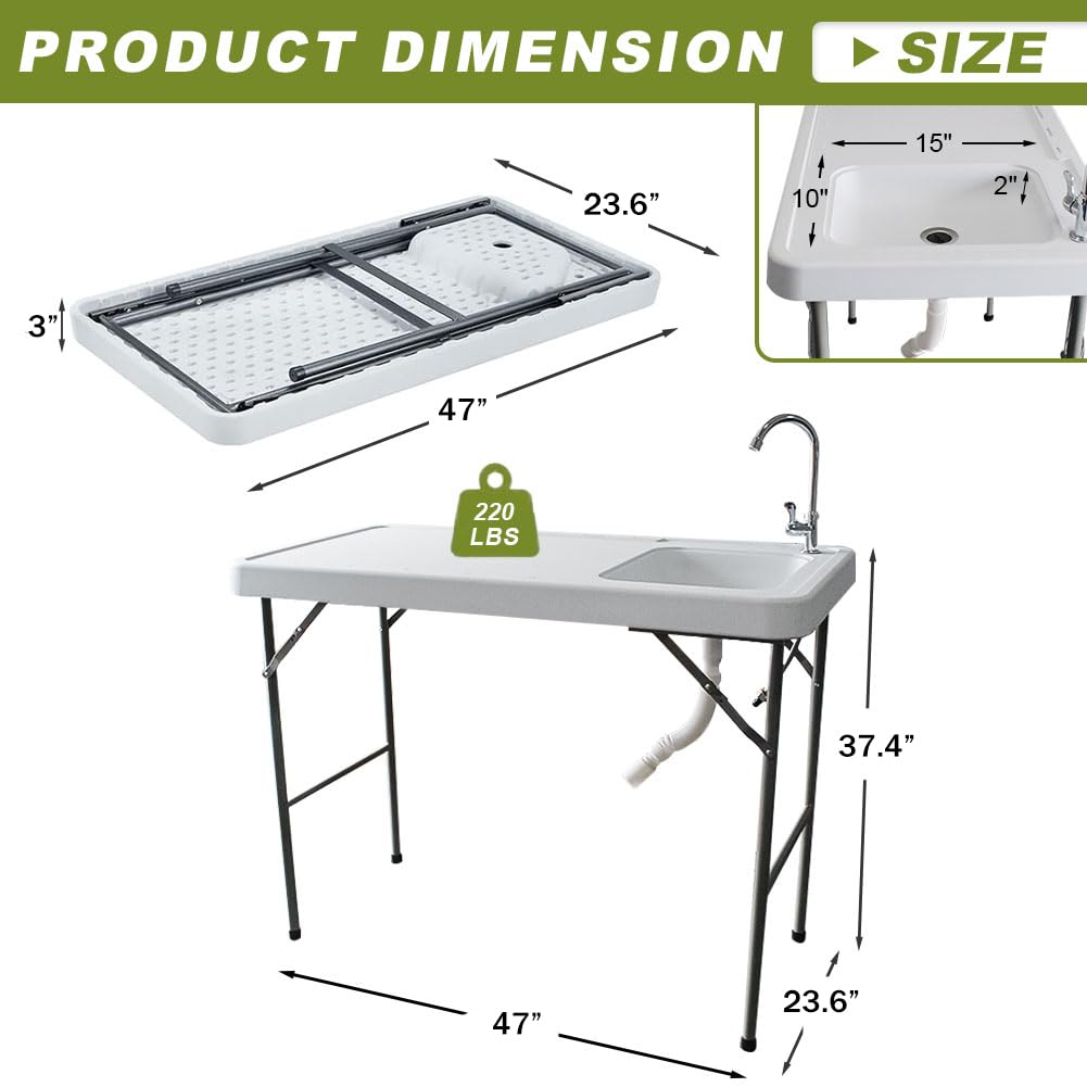 PMSW FCT01 Fishing Cleaning Table with Sink, Portable Folding Camping Sink Table Fish Fillet Table with Sink Faucet for Picnic Camping Gardening Kitchen, White