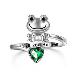 poplyke frog rings for women sterling silver frog hold green heart cz rings frog jewelry (green)