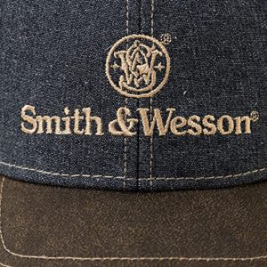 Men's Adjustable Two-Toned Green & Denim Trucker Baseball Hat with Smith & Wesson Emblem Logo, Contrast Stitching, and Off-White Mesh- Offically Licensed