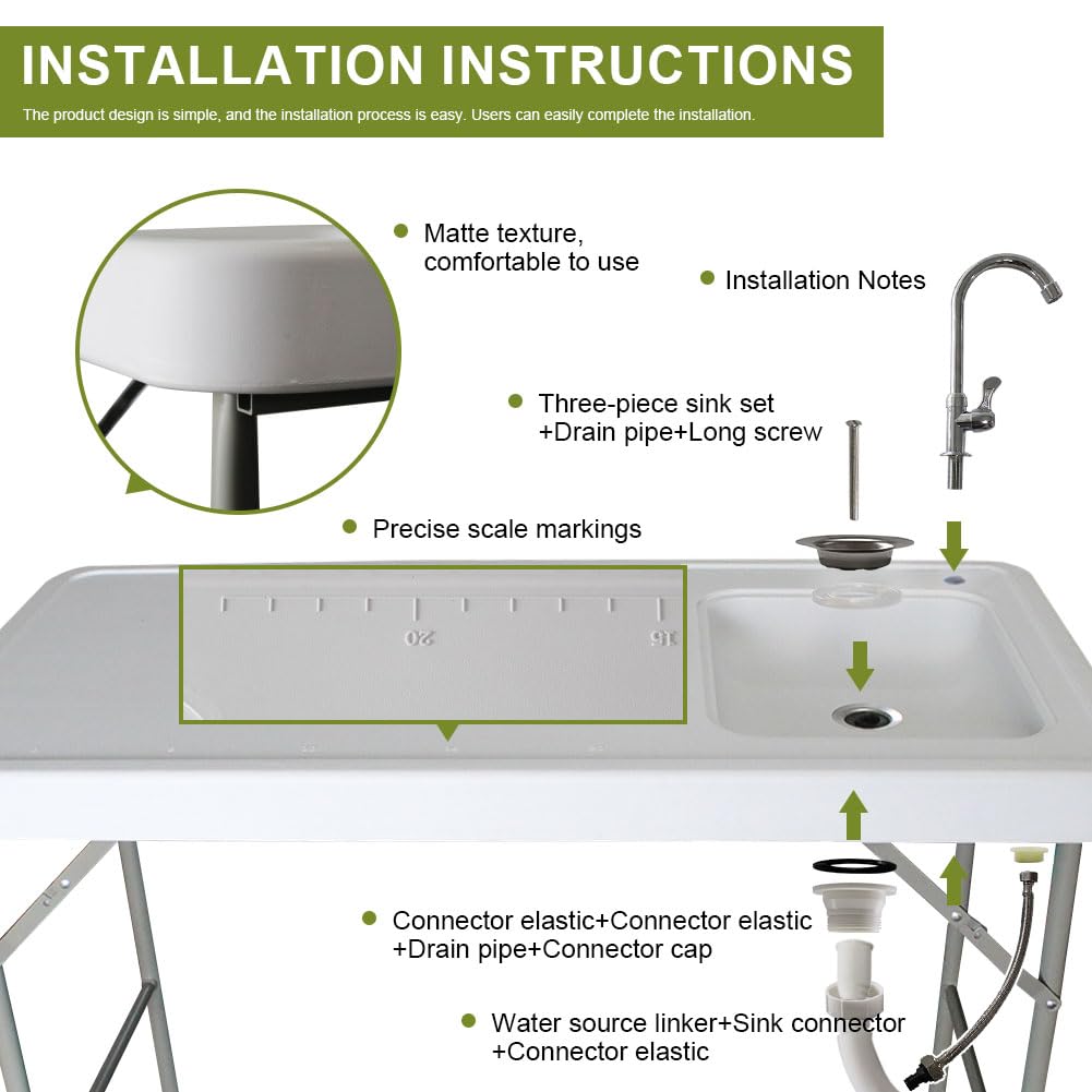 PMSW FCT01 Fishing Cleaning Table with Sink, Portable Folding Camping Sink Table Fish Fillet Table with Sink Faucet for Picnic Camping Gardening Kitchen, White