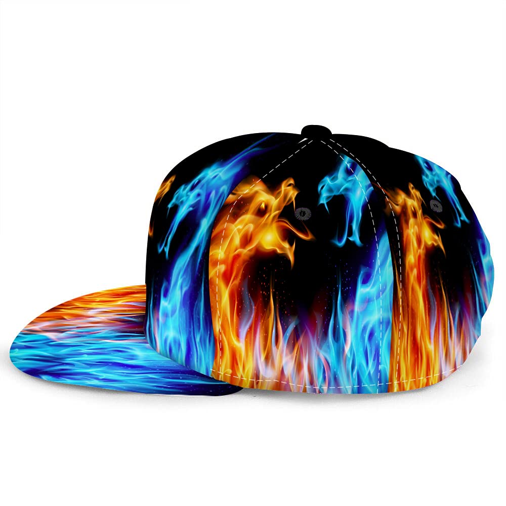 WONDERTIFY Fiery Dragons Baseball Cap Chinese Medieval Myth Fantasy Flame Monster Snapback Hat Unisex Trucker Hat Hip Hop Plaid Flat Bill Brim Adjustable Blue Red