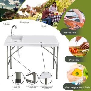 PMSW FCT01 Fishing Cleaning Table with Sink, Portable Folding Camping Sink Table Fish Fillet Table with Sink Faucet for Picnic Camping Gardening Kitchen, White