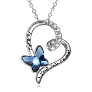 poplyke daughter necklace gifts for daughter birthday from mom dad sterling silver with blue butterfly crystal heart necklace, christmas valentine's gifts for women girls (silver-daughter)