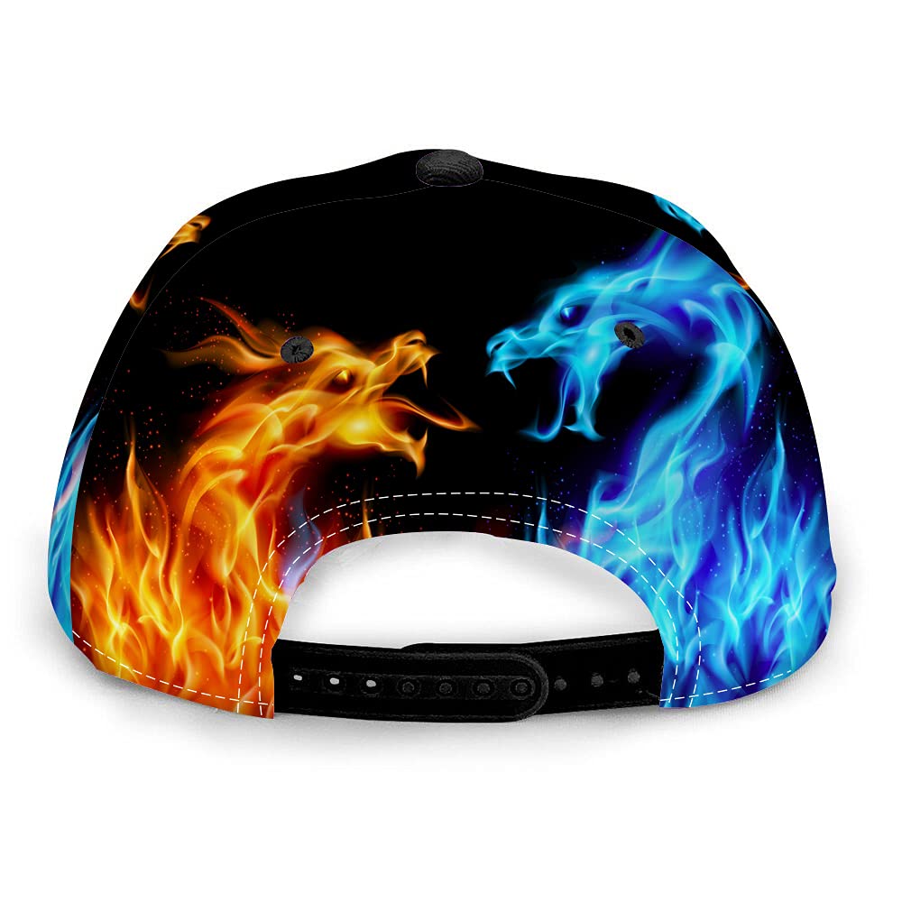 WONDERTIFY Fiery Dragons Baseball Cap Chinese Medieval Myth Fantasy Flame Monster Snapback Hat Unisex Trucker Hat Hip Hop Plaid Flat Bill Brim Adjustable Blue Red