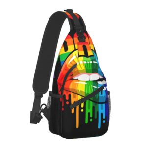 amrandom mens & womens shoulder chest sling bags lgbt pride lips black backpacks for travel outdoors running, fashion casual crossbody bags, one size