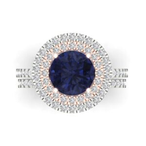 clara pucci 3.05ct round cut laser engraving halo pave halo blue sapphire designer statement ring band set 18k white rose gold size 8.5