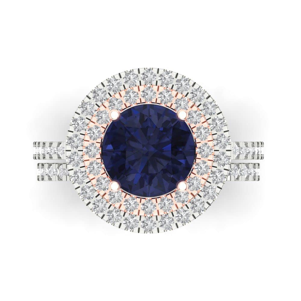 Clara Pucci 3.05ct Round Cut Laser Engraving Halo Pave Halo Blue Sapphire Designer Statement Ring Band Set 18K White Rose Gold Size 8.5