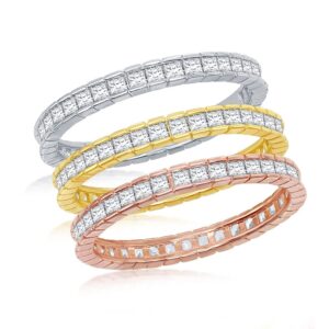 ijewelry2 tri-color sterling silver channel-set baguette cz eternity triple band ring