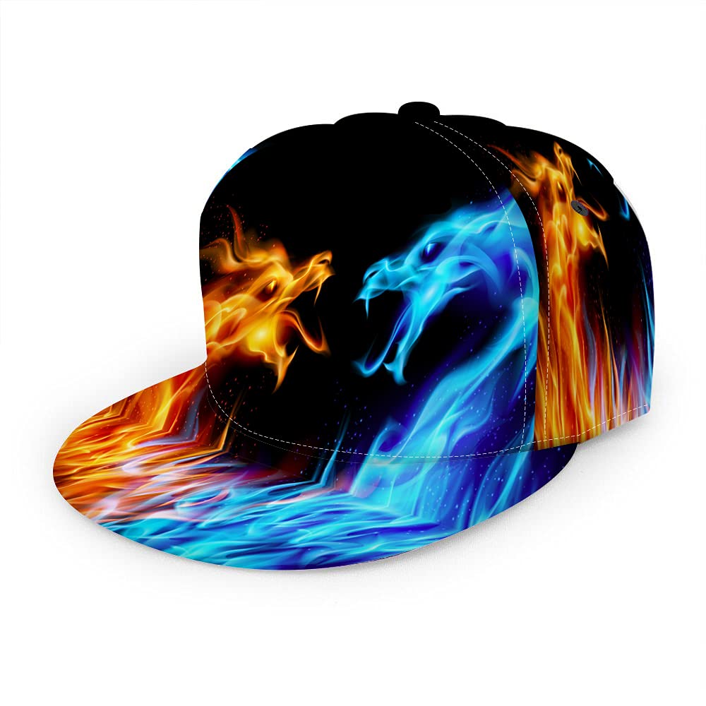 WONDERTIFY Fiery Dragons Baseball Cap Chinese Medieval Myth Fantasy Flame Monster Snapback Hat Unisex Trucker Hat Hip Hop Plaid Flat Bill Brim Adjustable Blue Red