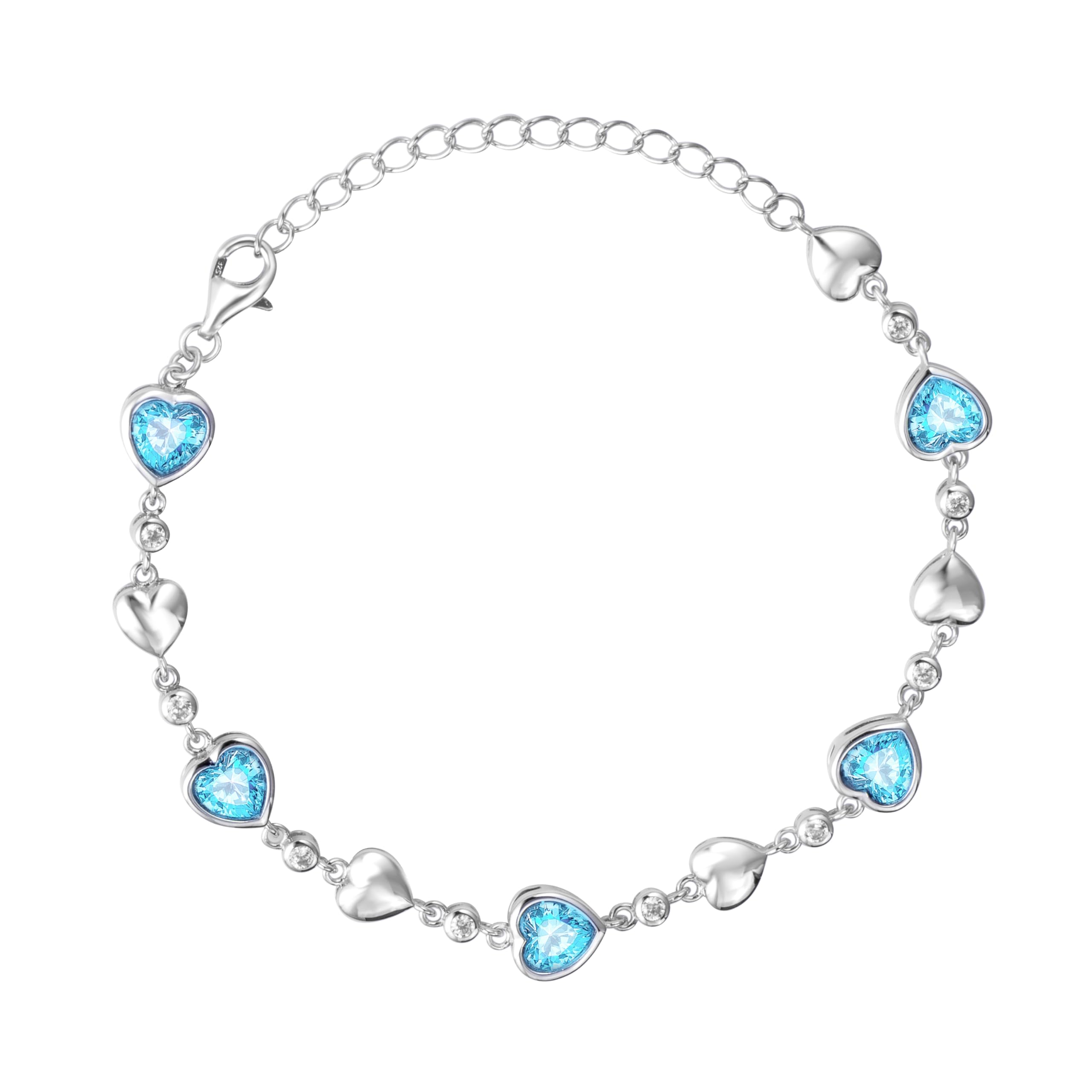 Carleen March Birthstone Bracelet Sterling Silver Aquamarine Bracelet for Women Heart Station Tennis Bracelet Jewelry Gifts Valentines Day Gifts for Women