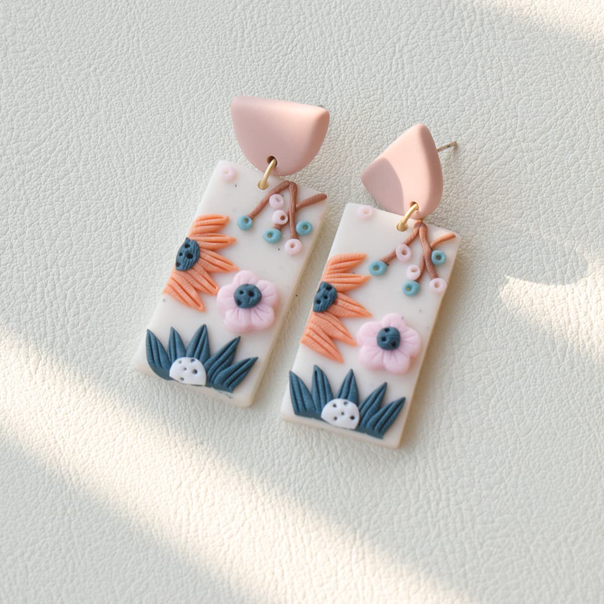 Colorful Ceramic Clay Dangle Earrings Boho Lightweight Colorful Flower Earrings Handmade Ceramic Clay Cute Lovely Pendant Geometric Drop Earrings Summer Jewelry for Women-Style A