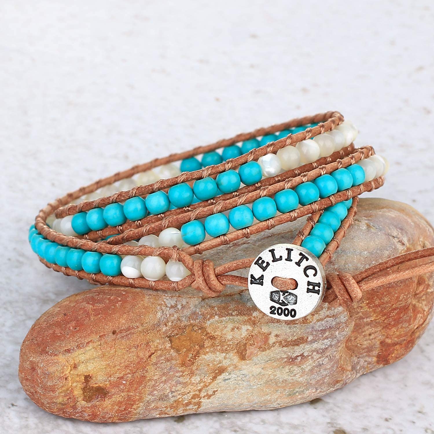 KELITCH Shell Created-Turquoise Beaded Bracelets Handmade Leather 3 Wrap Bracelets Chic Bangle Jewelry