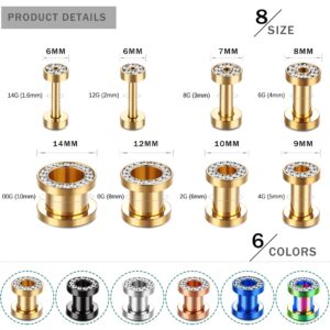 IRONBOX 6Pairs Ear expander Surgical Steel Tunnel Expander Earrings 14G-01G CZ Plugs Body Piercing Jewelry Set