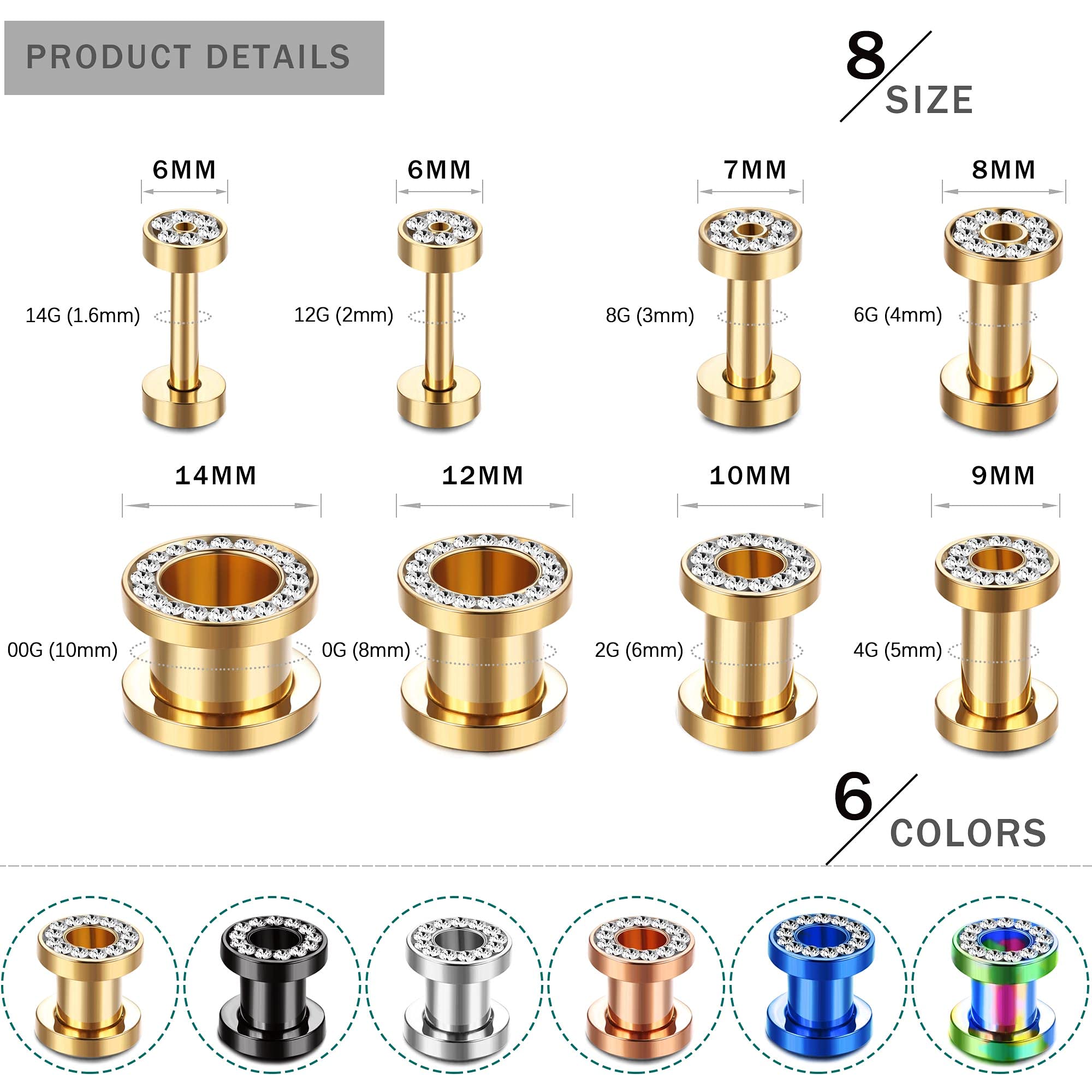 IRONBOX 6Pairs Ear expander Surgical Steel Tunnel Expander Earrings 14G-01G CZ Plugs Body Piercing Jewelry Set