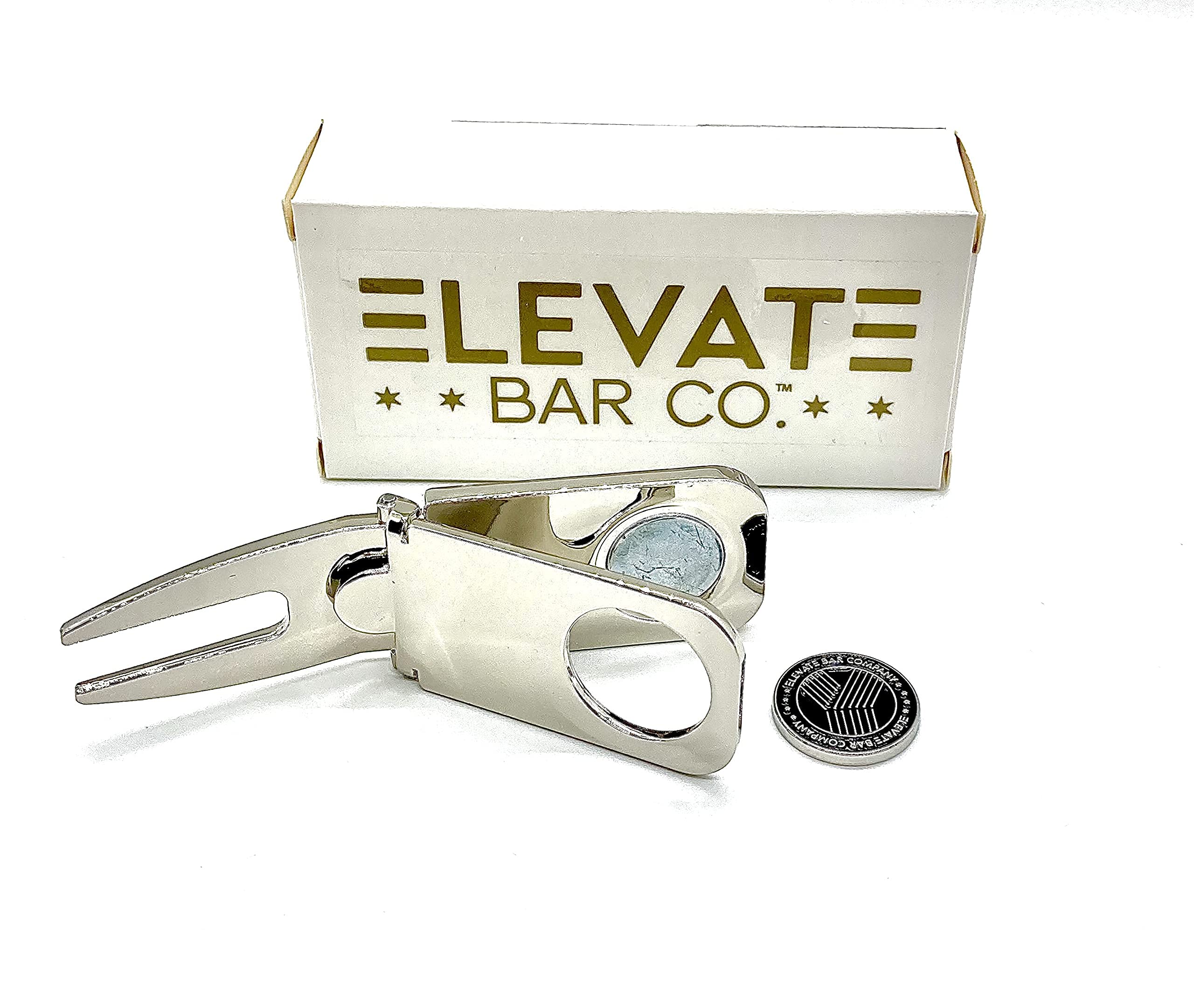 Elevate Bar Co. Multi-Use Magnetic Cigar Holder, Golf Divot & Marker Tool- Silver