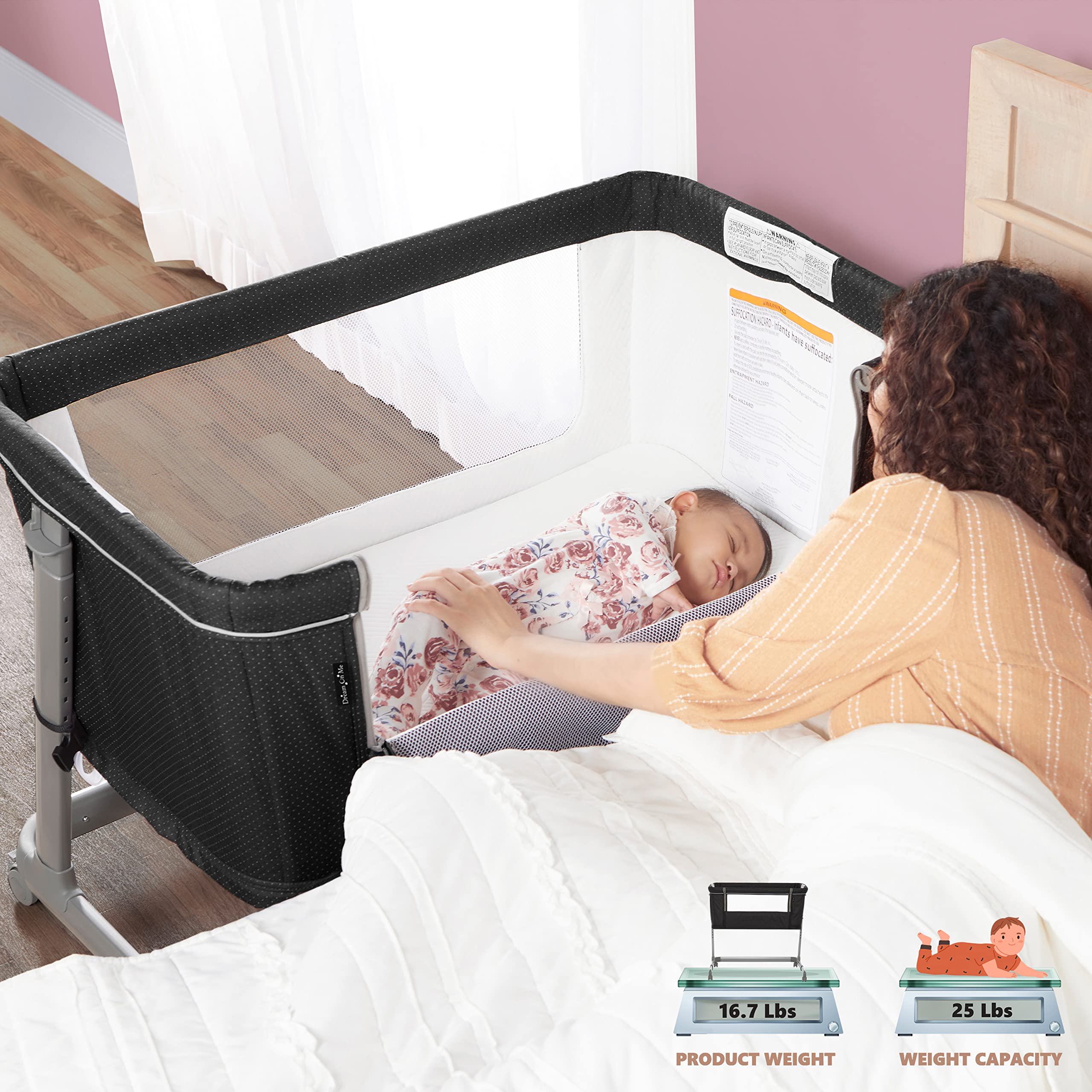 Dream On Me Waves 3-in-1 Baby Bassinet, Bedside Sleeper and -Playard, Seven Adjustable Height Position, Lightweight and Portable Bedside Bassinet, JPMA Certified