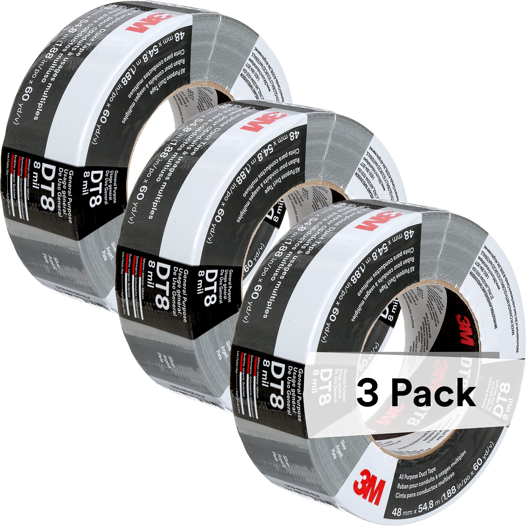 3M Duct Tape DT8, 3 Pack, Industrial Strength, Multi-Use, Silver, 1.88" x 60 yd, Professional Grade Adhesive